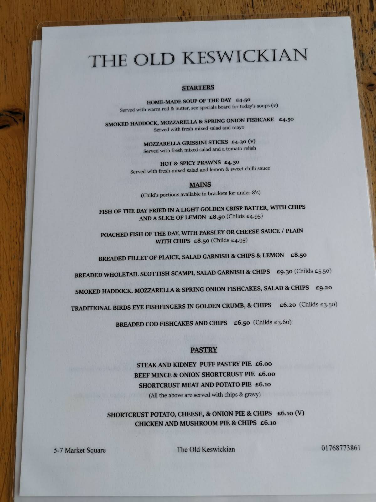 Menu at Old Keswickian Fish & Chips Restaurant, Keswick