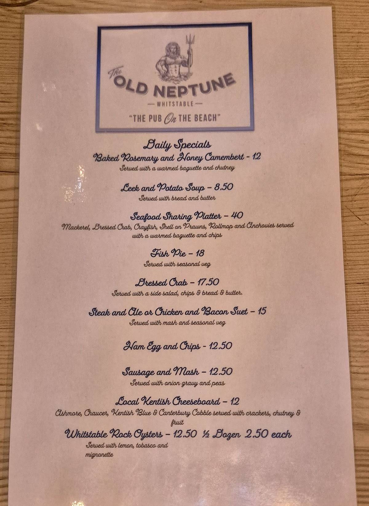 Menu at Old Neptune pub & bar, Whitstable
