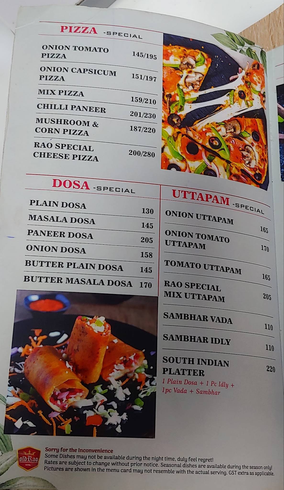 Menu at Old Rao Hotel, Sidhrawali, NH 8