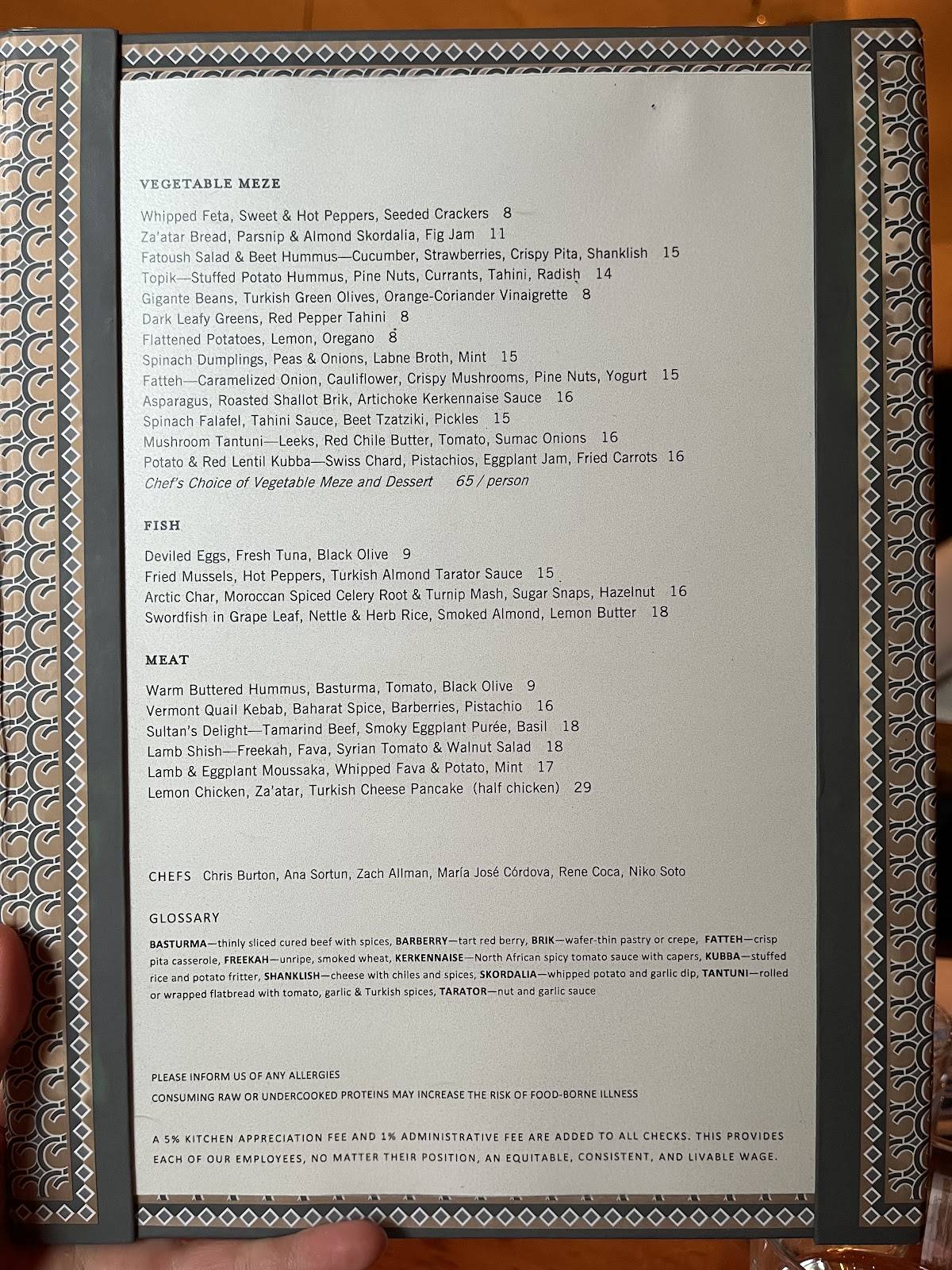 Menu at Oleana restaurant, Cambridge