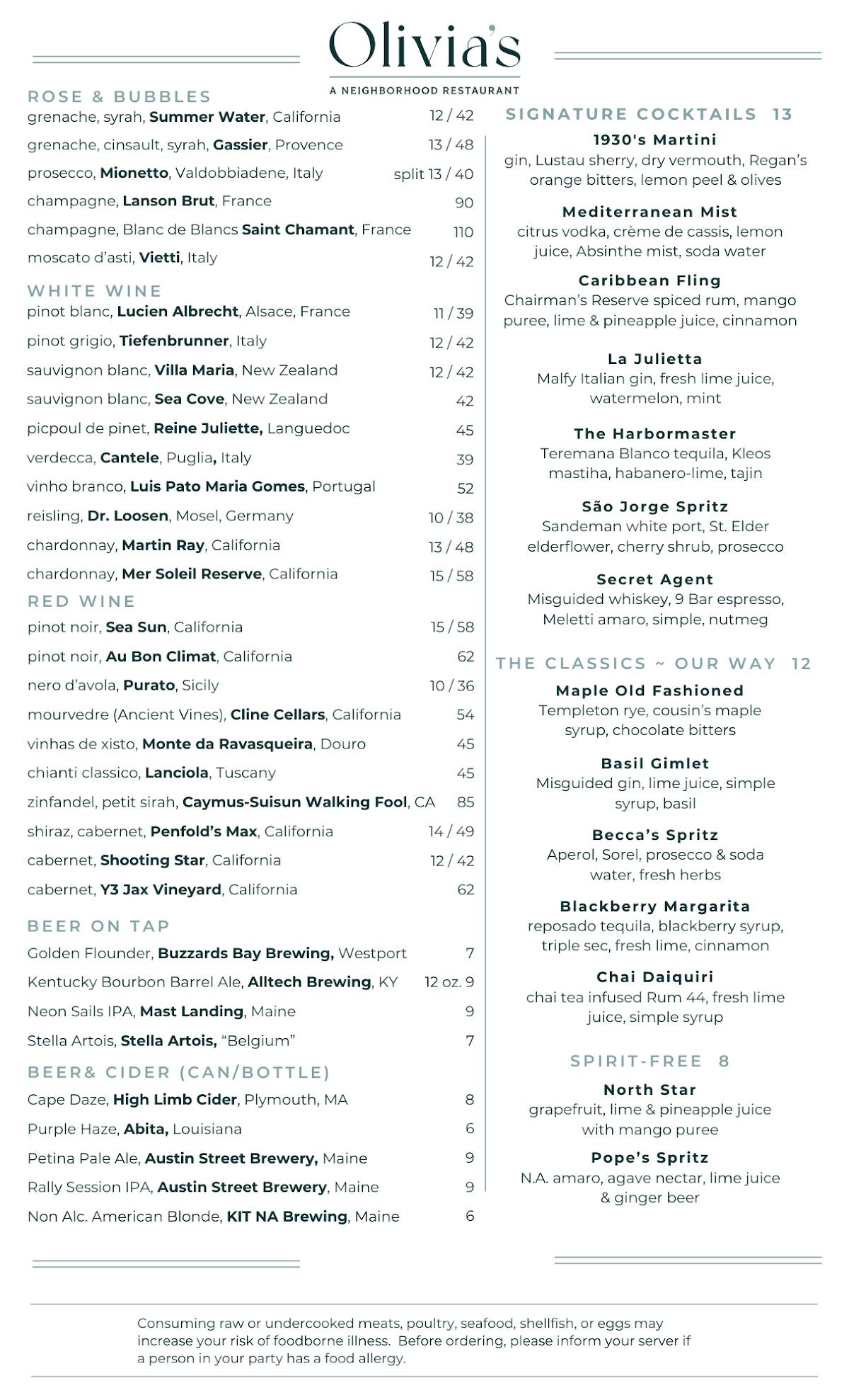 Menu at Olivia's Restaurant - Fairhaven, Fairhaven