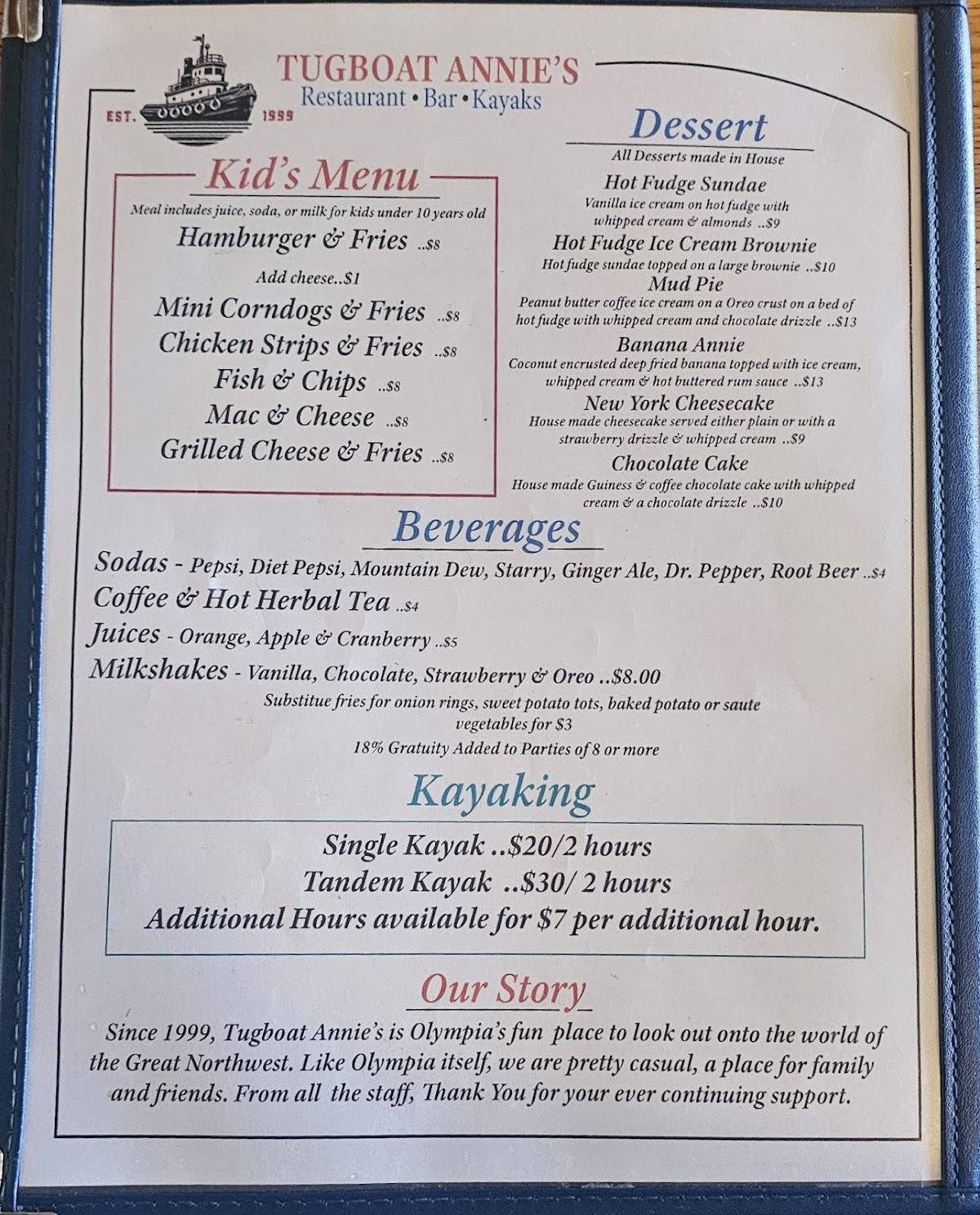 Menu at Tugboat Annie's pub & bar, Olympia