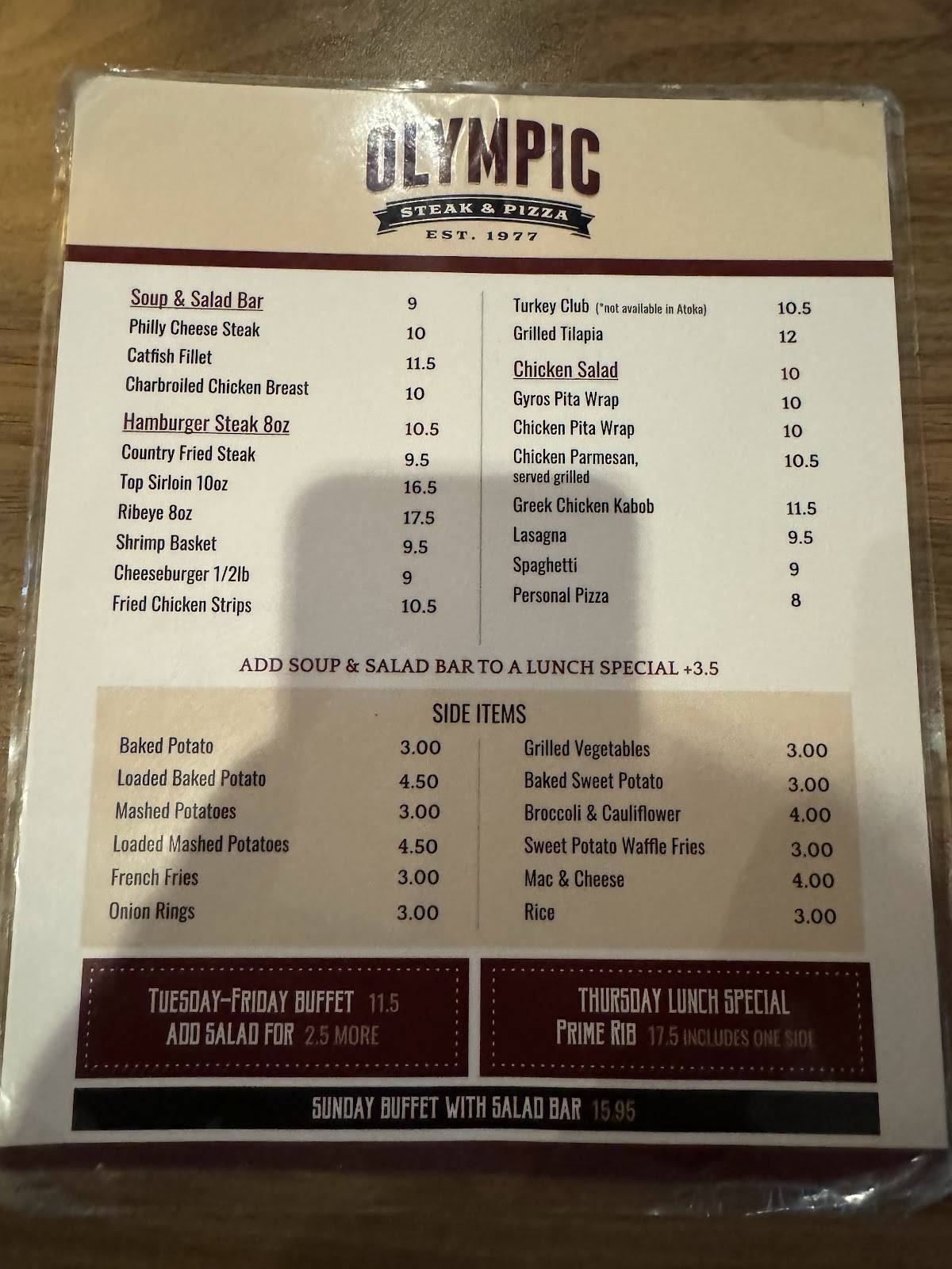 Menu at Olympic Steak & Pizza - Arlington steakhouse, Arlington