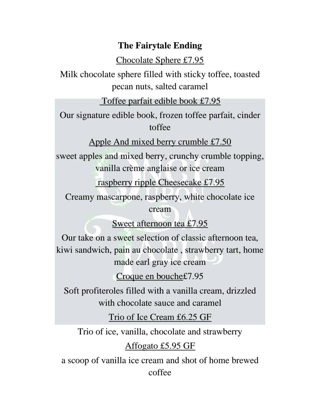 Menu at Once upon a Table restaurant, Glasgow