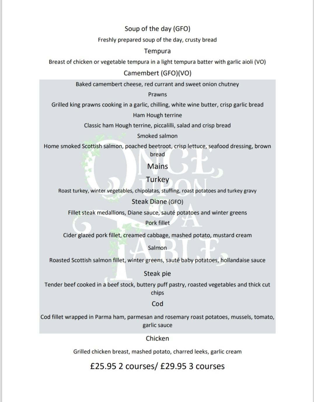 Menu at Once upon a Table restaurant, Glasgow