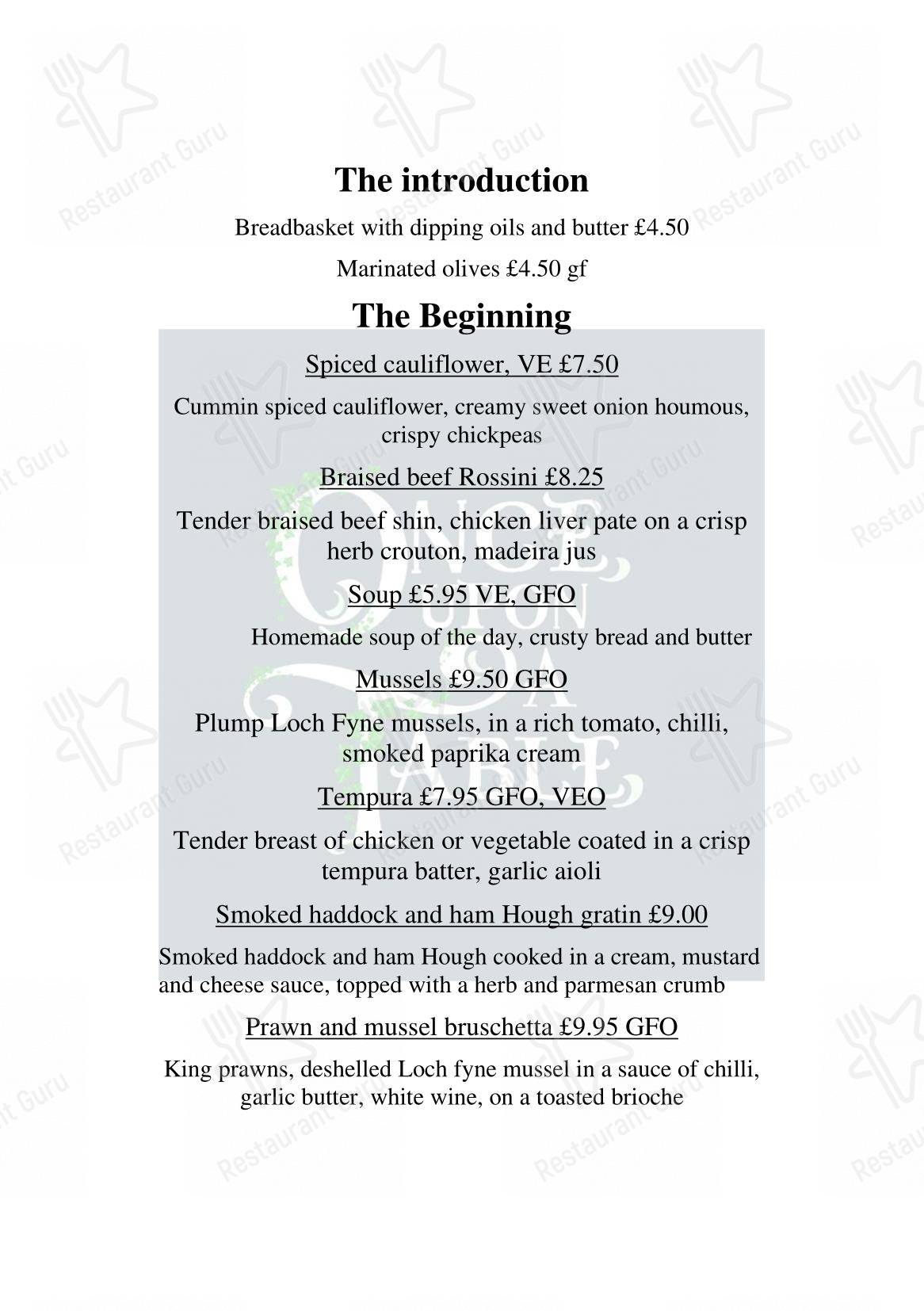 Menu at Once upon a Table restaurant, Glasgow