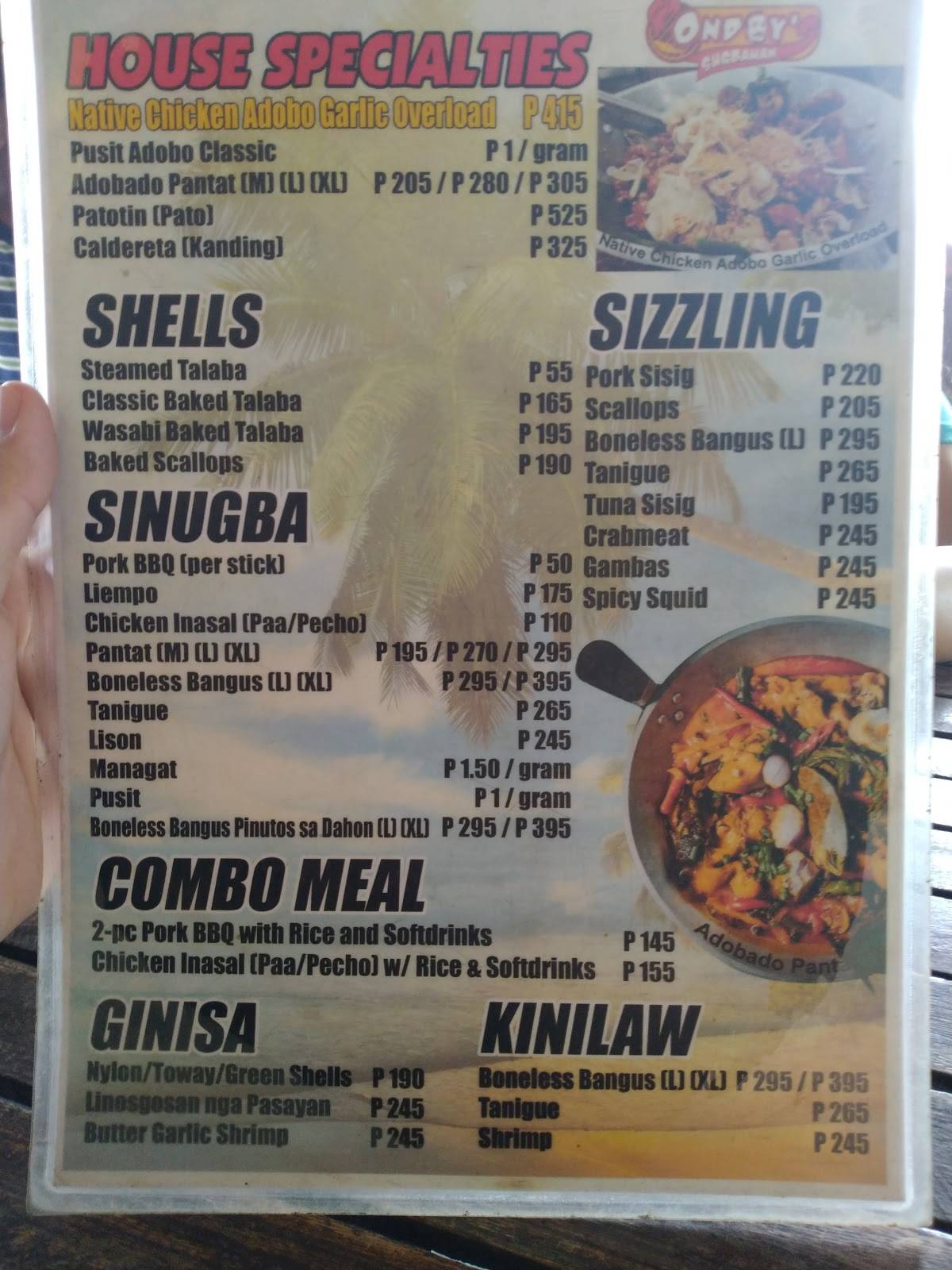 Menu at Ondoy's Sugbahan restaurant, Iloilo City, QH5V+QF4