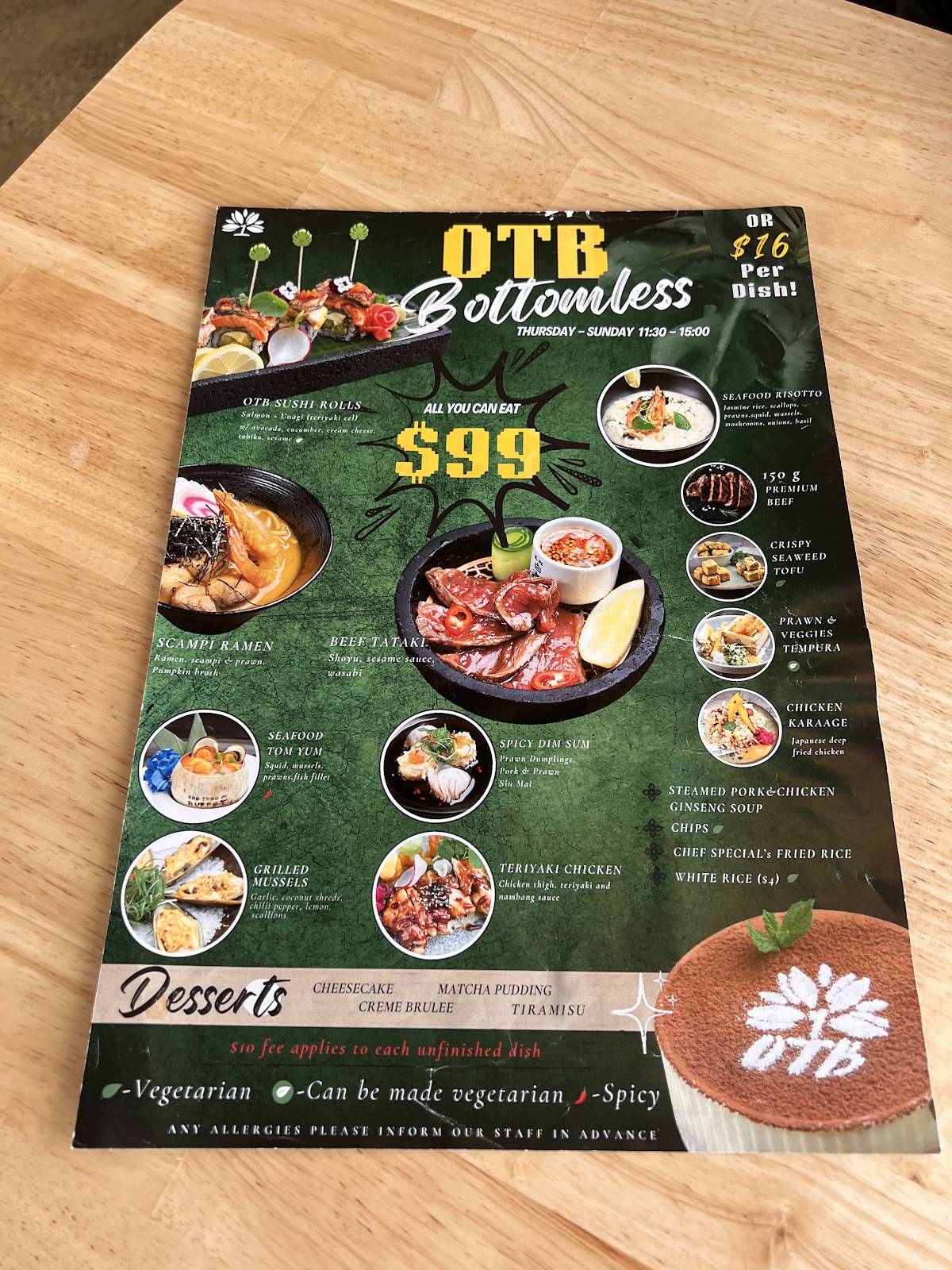 Menu at One Tree Buffet restaurant, Auckland