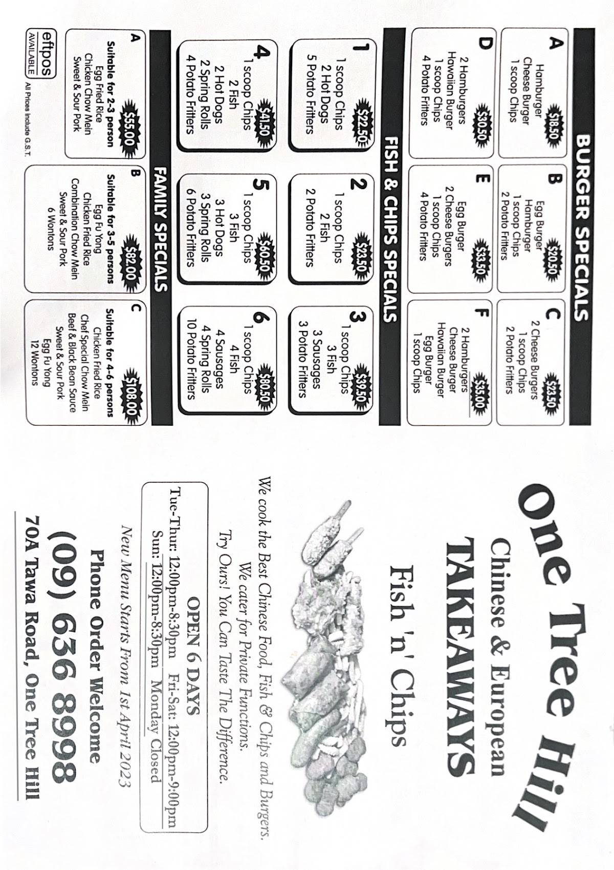 Menu at One Tree Hill Takeaways fast food, Auckland