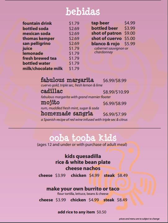 Menu at Ooba Tooba restaurant, Redmond, NE 83rd St