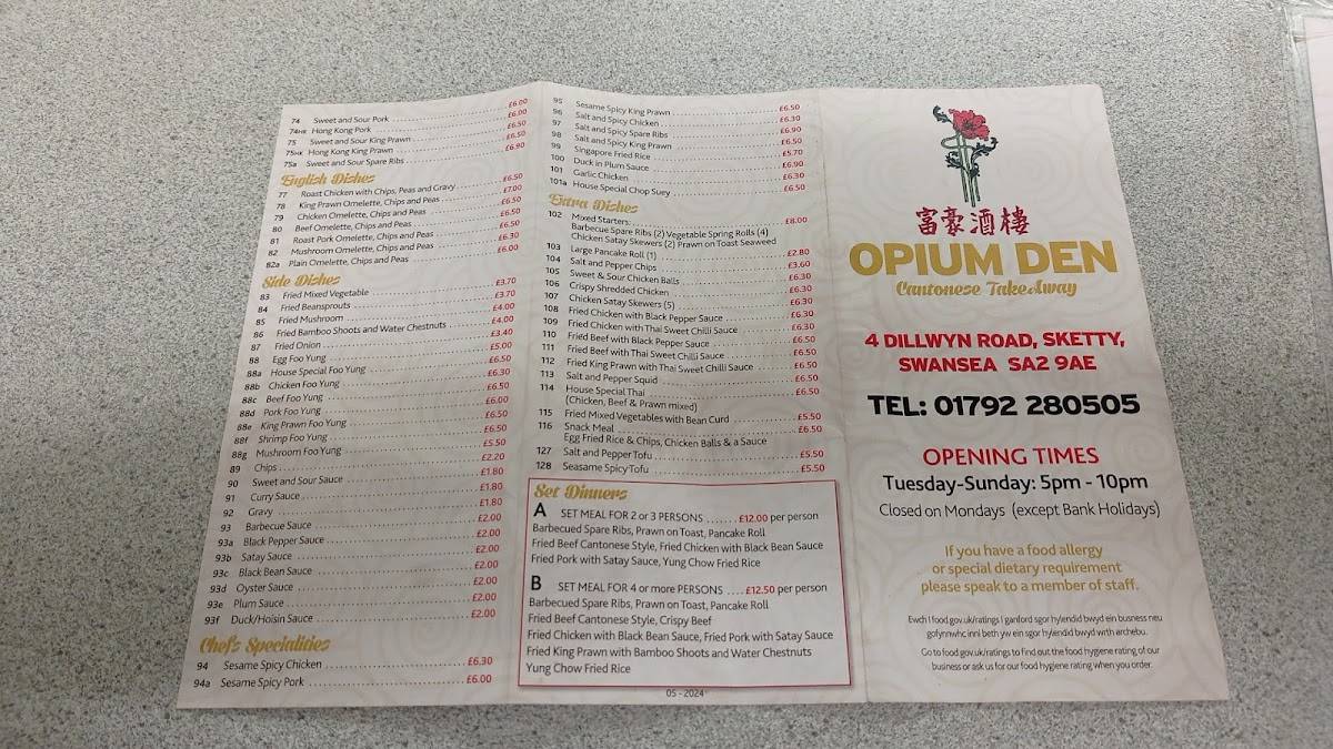 Menu at Opium Den Cantonese Takeaway fast food, Swansea, 4 Dillwyn Rd