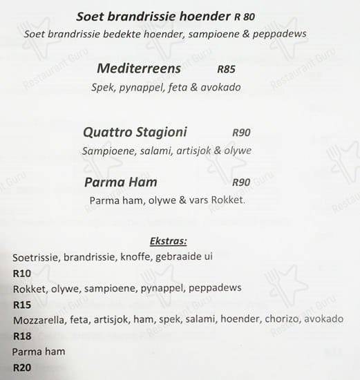 Menu at OPPIESTOEP Restaurant, Paarl, Jan Van Riebeeck Dr