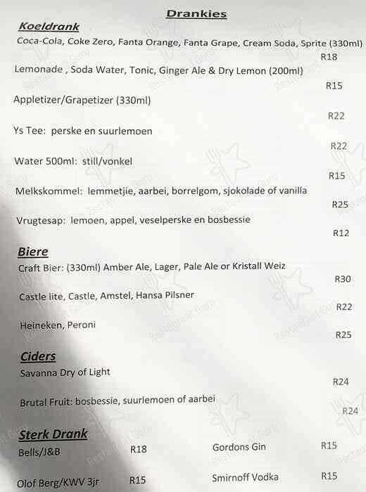 Menu at OPPIESTOEP Restaurant, Paarl, Jan Van Riebeeck Dr