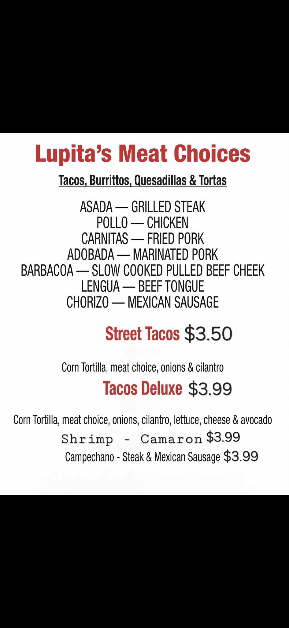 Menu at Lupita's Mexican Fast Food Perdido Key, Perdido Key