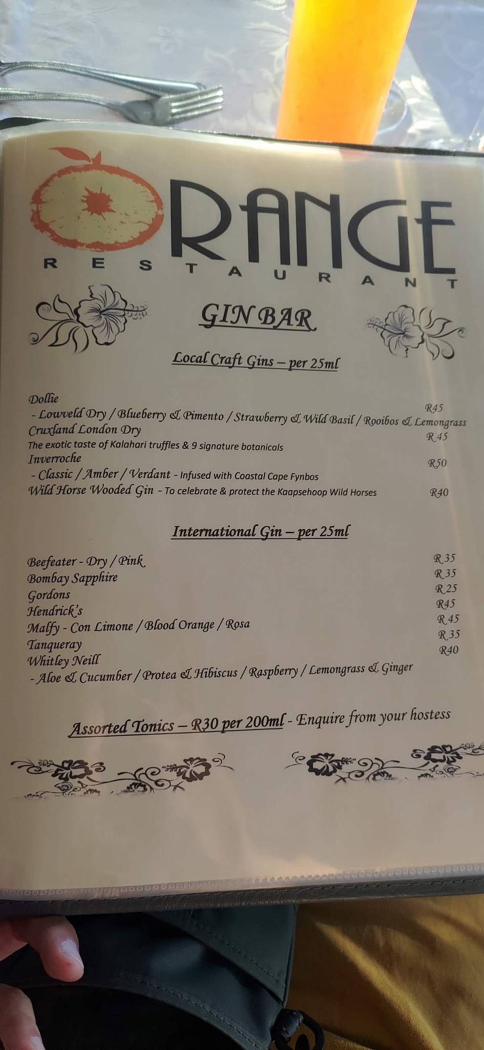 Menu at Orange Restaurant, Nelspruit