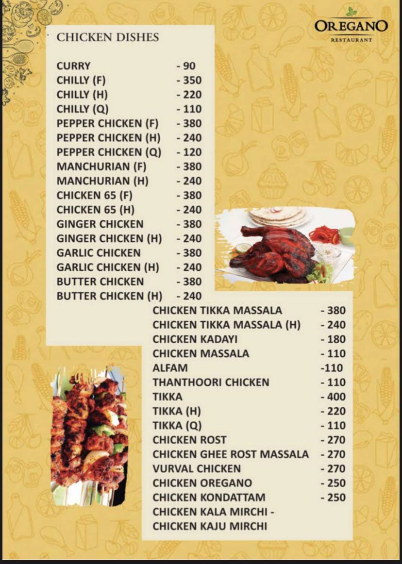 Menu at Oregano Restaurant, Kanhangad