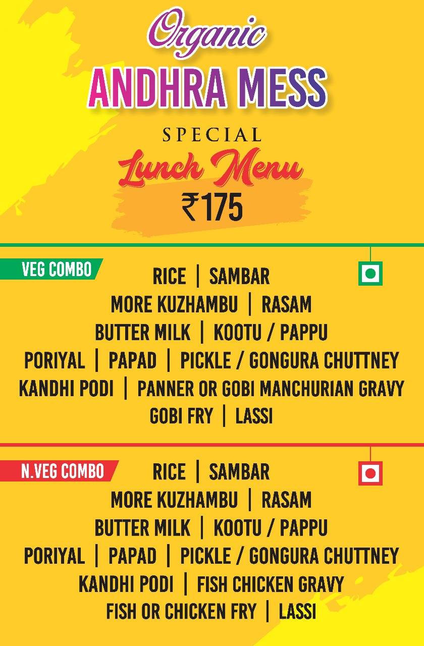 Menu at Organic Andhra Mess, Chennai