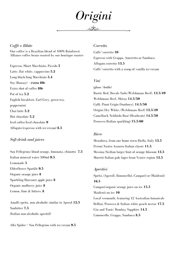 Menu at Origini Cafe, Castlemaine