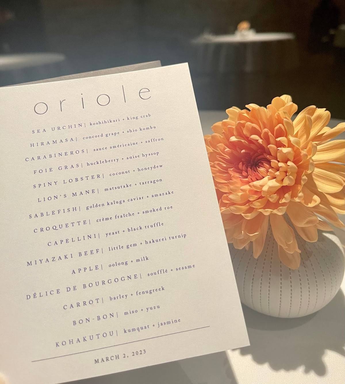 Menu at Oriole restaurant, Chicago