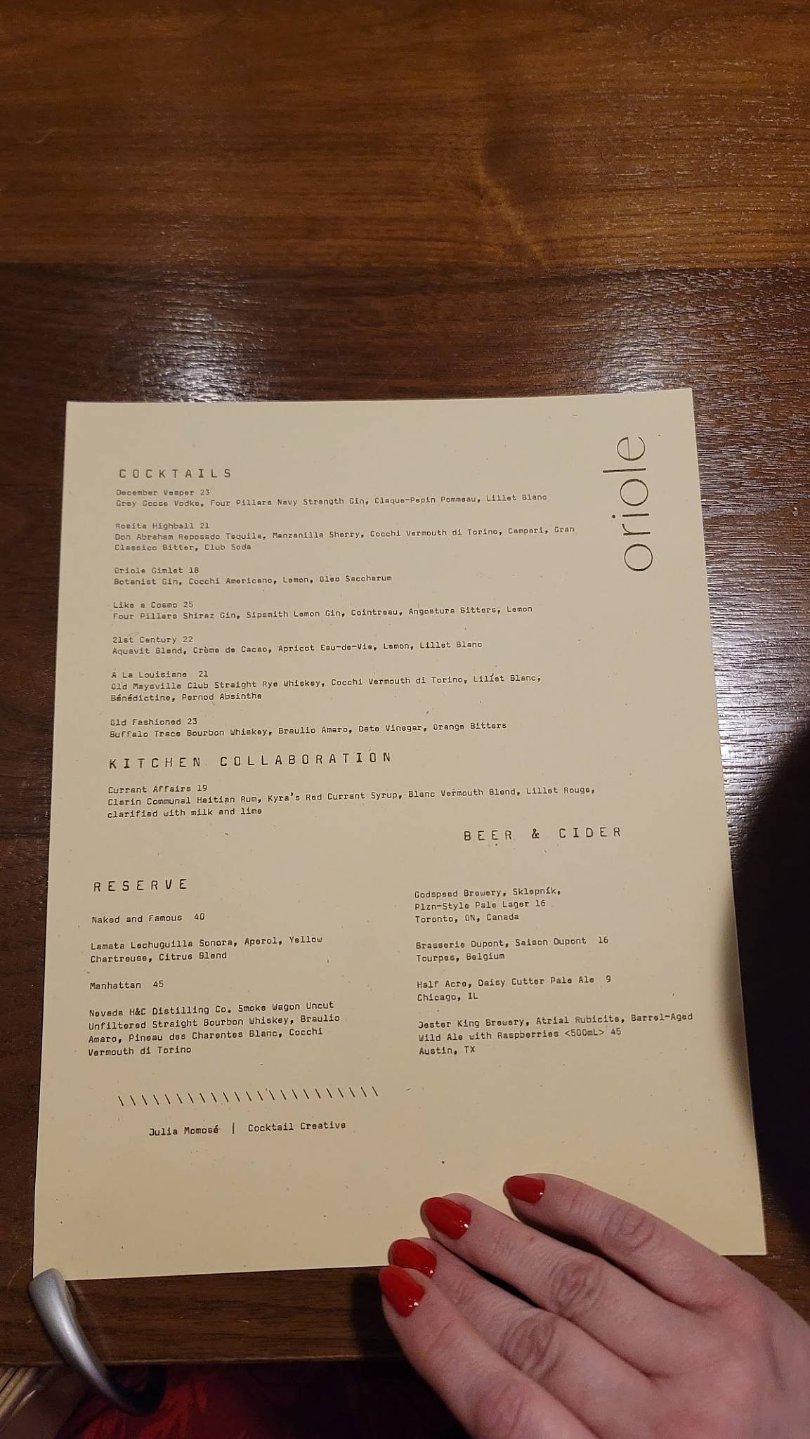Menu at Oriole restaurant, Chicago