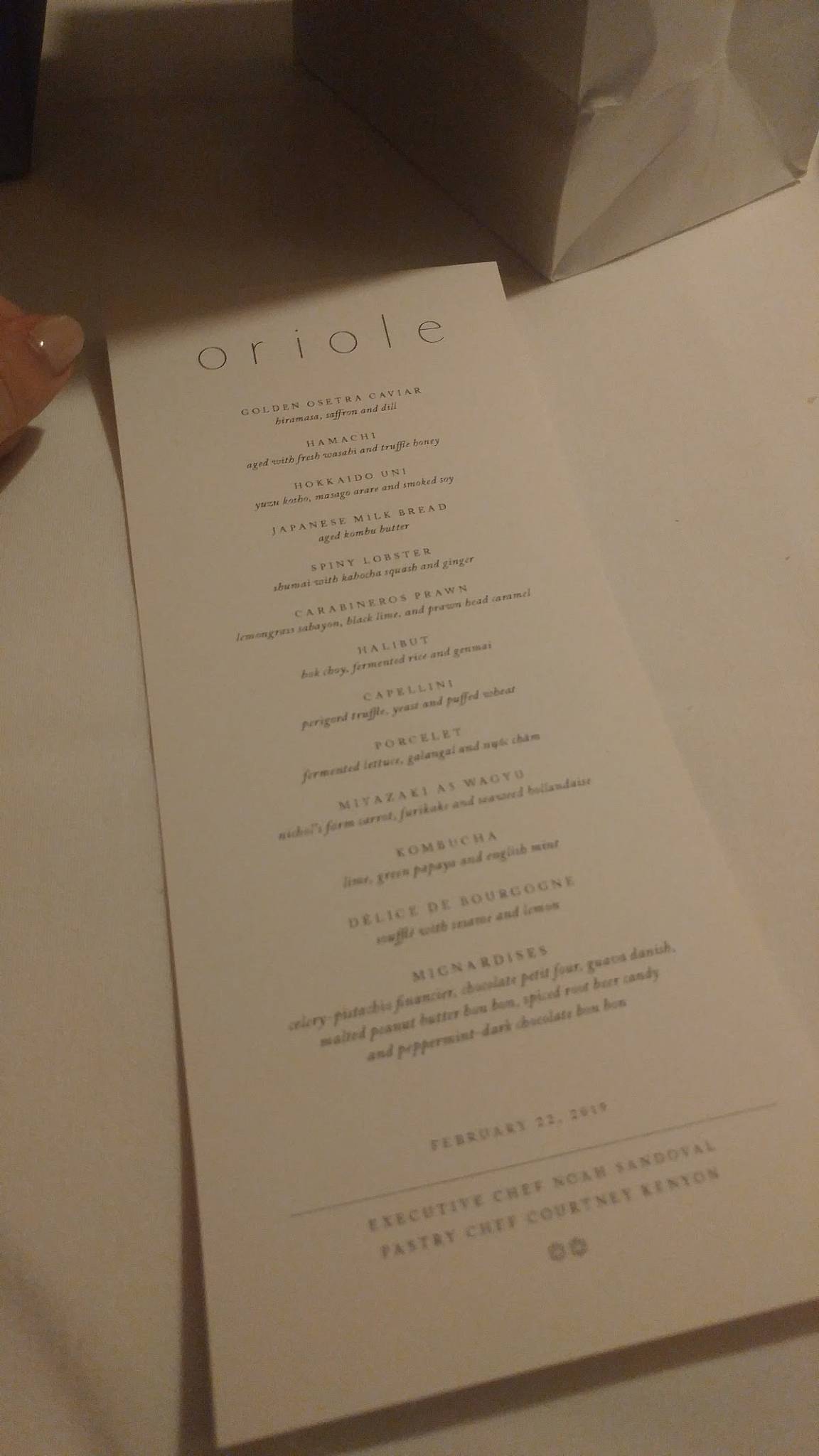 Menu at Oriole restaurant, Chicago