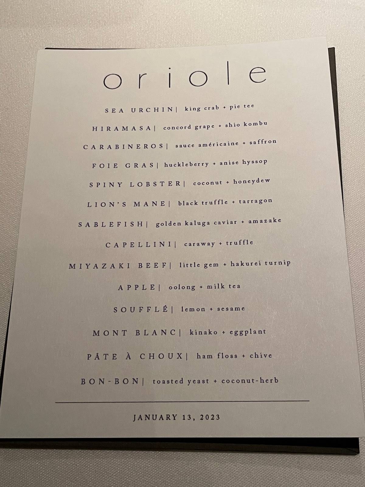 Menu at Oriole restaurant, Chicago