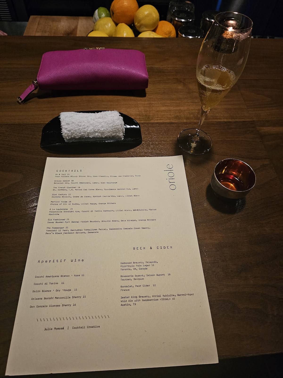 Menu at Oriole restaurant, Chicago