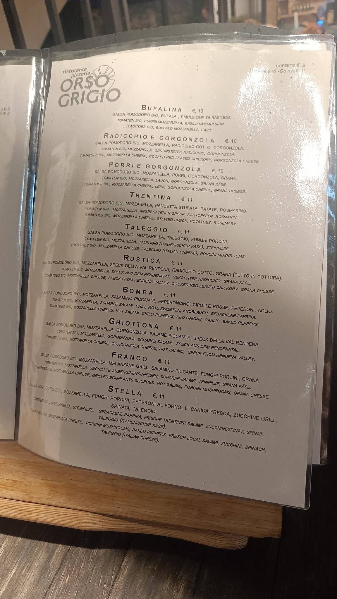 Carta de pizzería Orso Grigio, Trento