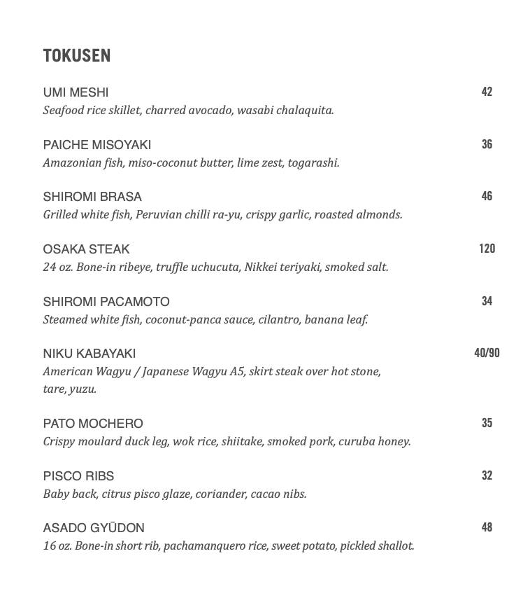 Menu at Osaka Miami restaurant, Miami