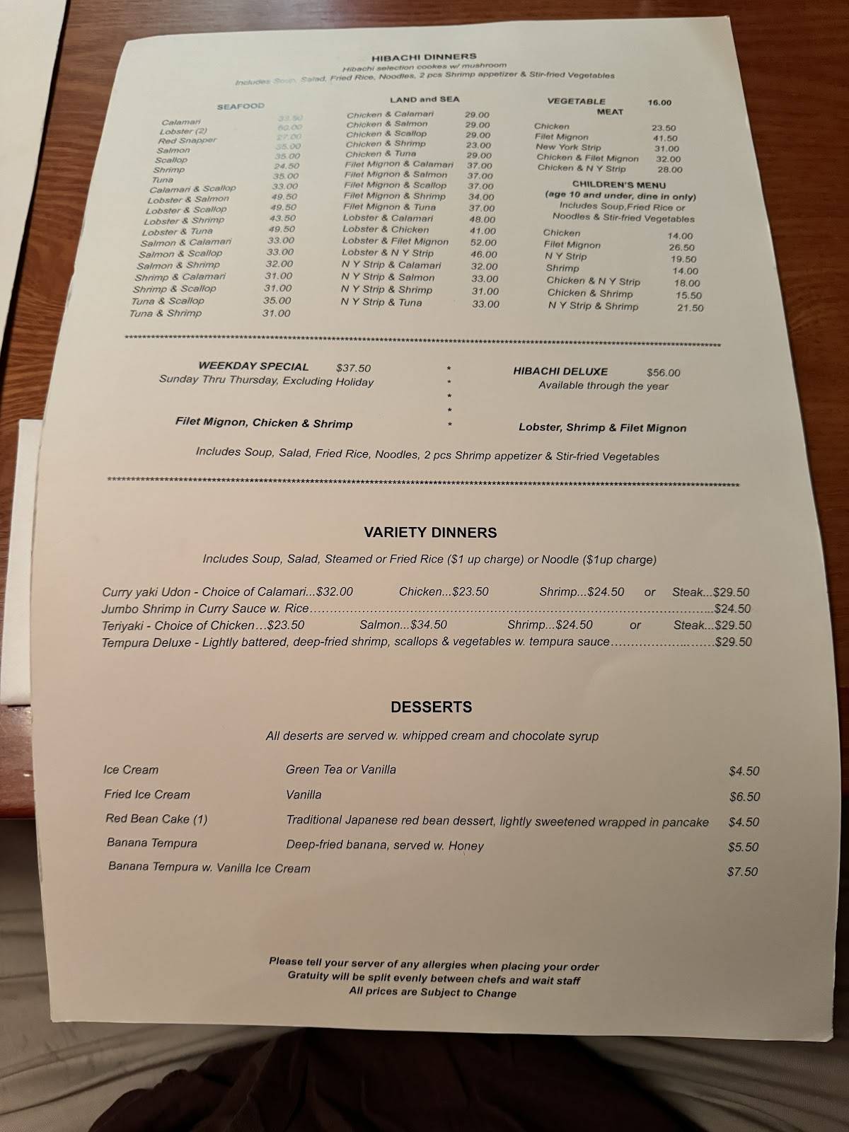 Menu at Osaka restaurant, Scranton