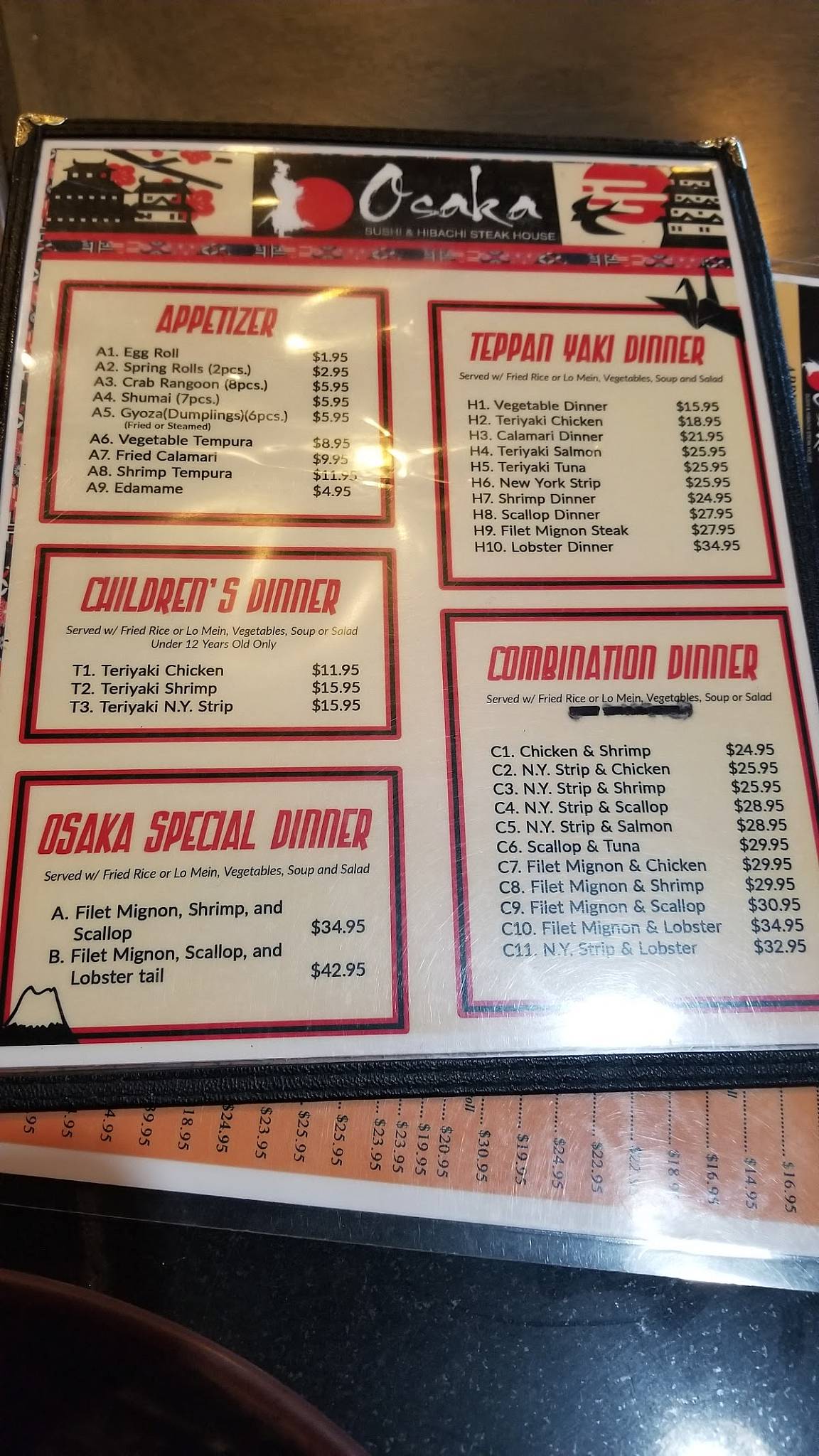 Menu at Osaka Steak House restaurant, Saint Clairsville