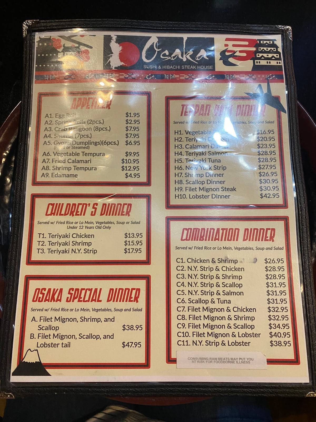 Menu at Osaka Steak House restaurant, Saint Clairsville