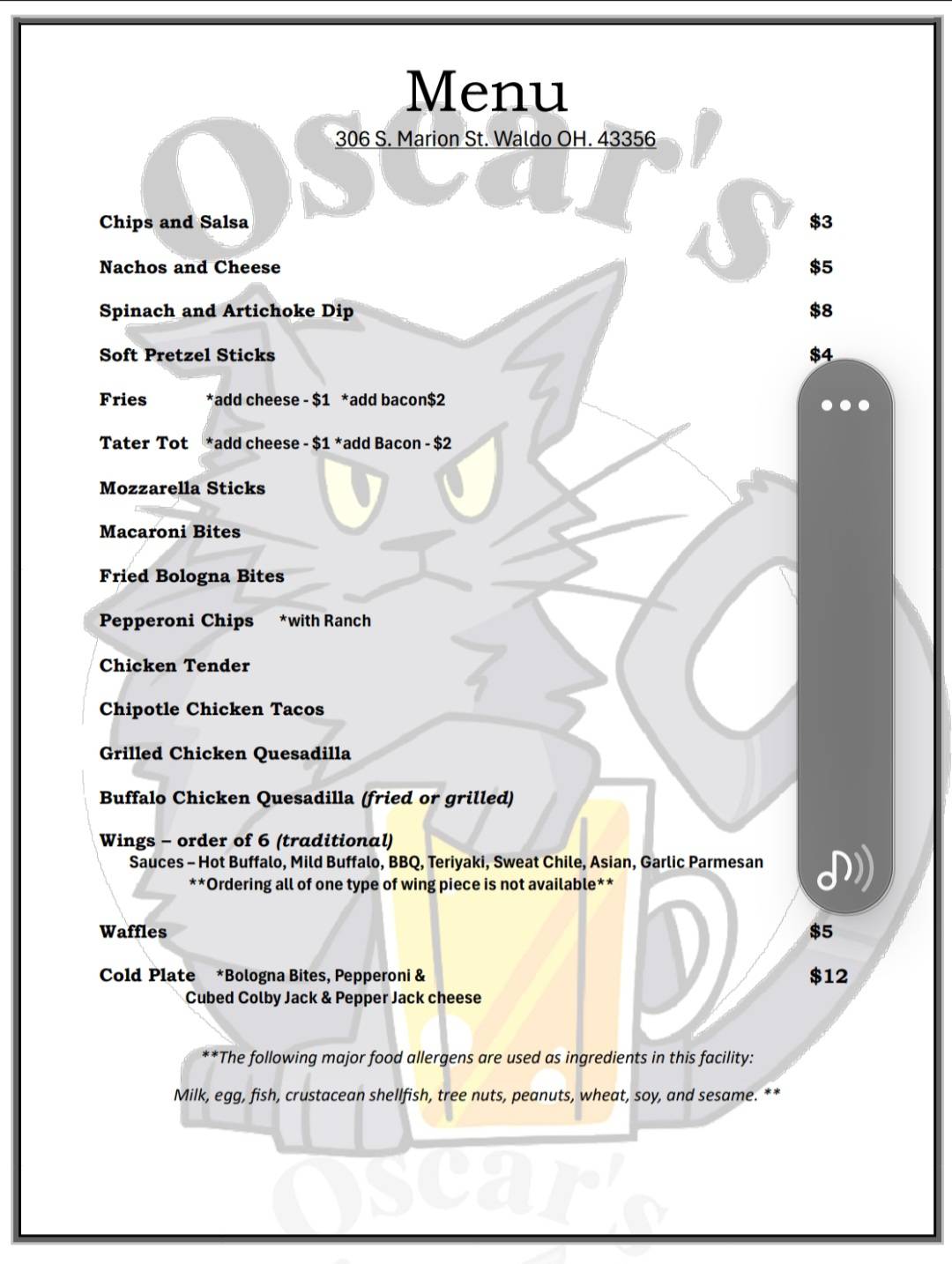 Menu at Oscar's pub & bar, Waldo