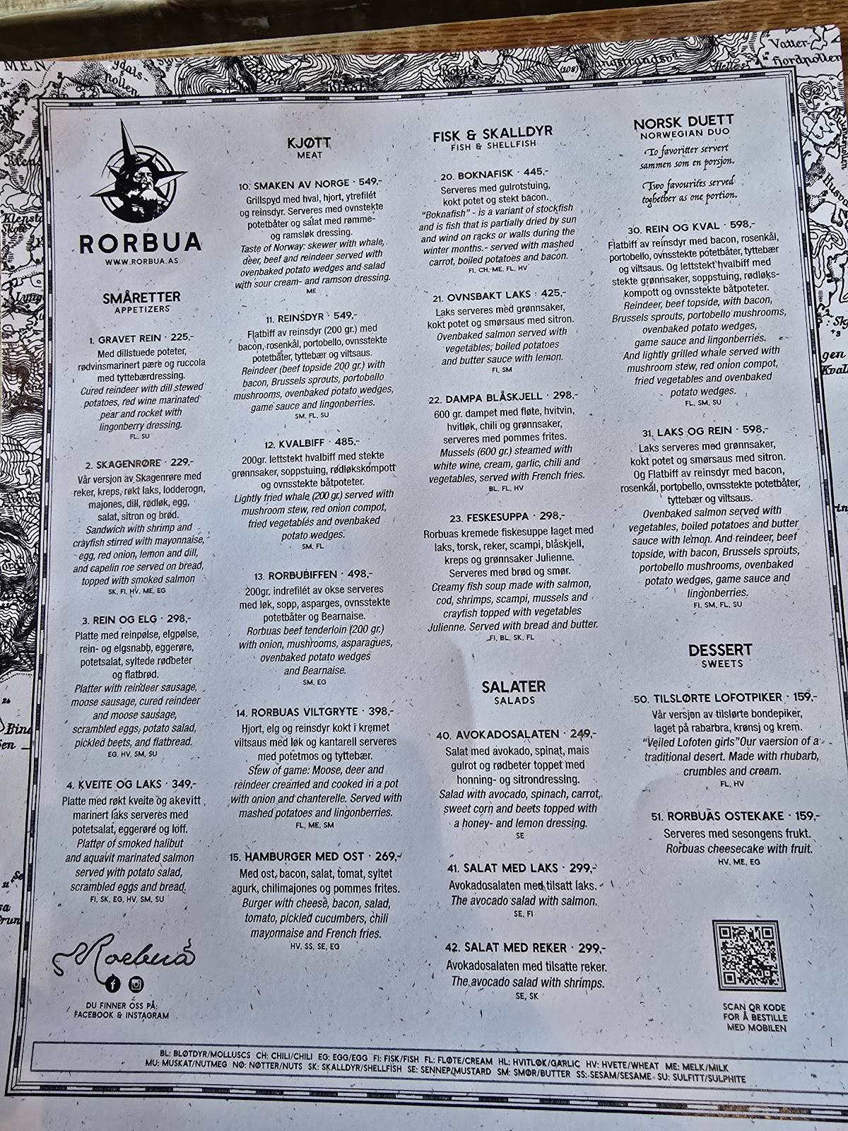 Menu at Rorbua Aker Brygge restaurant, Oslo