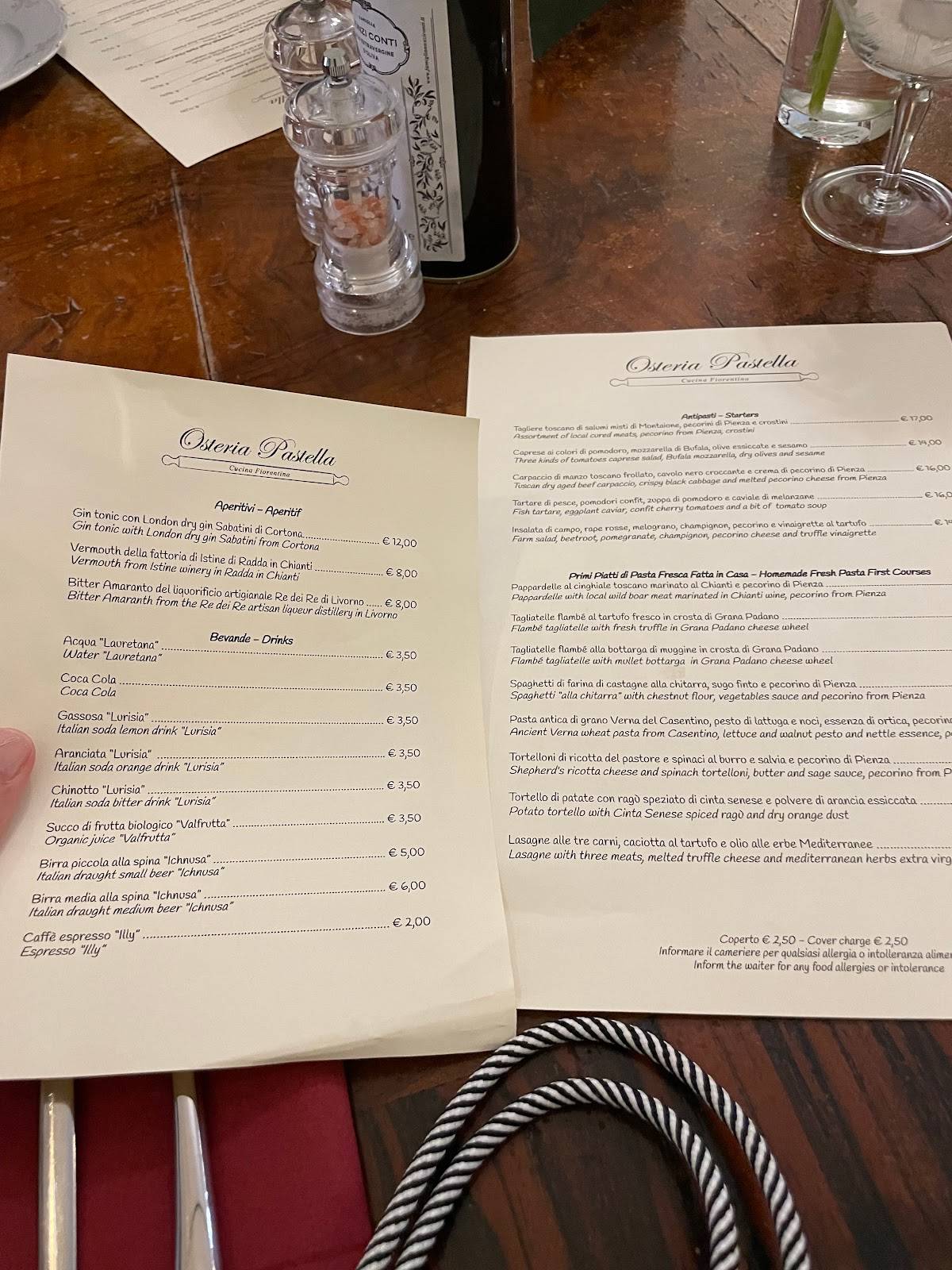 Menu au Osteria Pastella restaurant, Florence