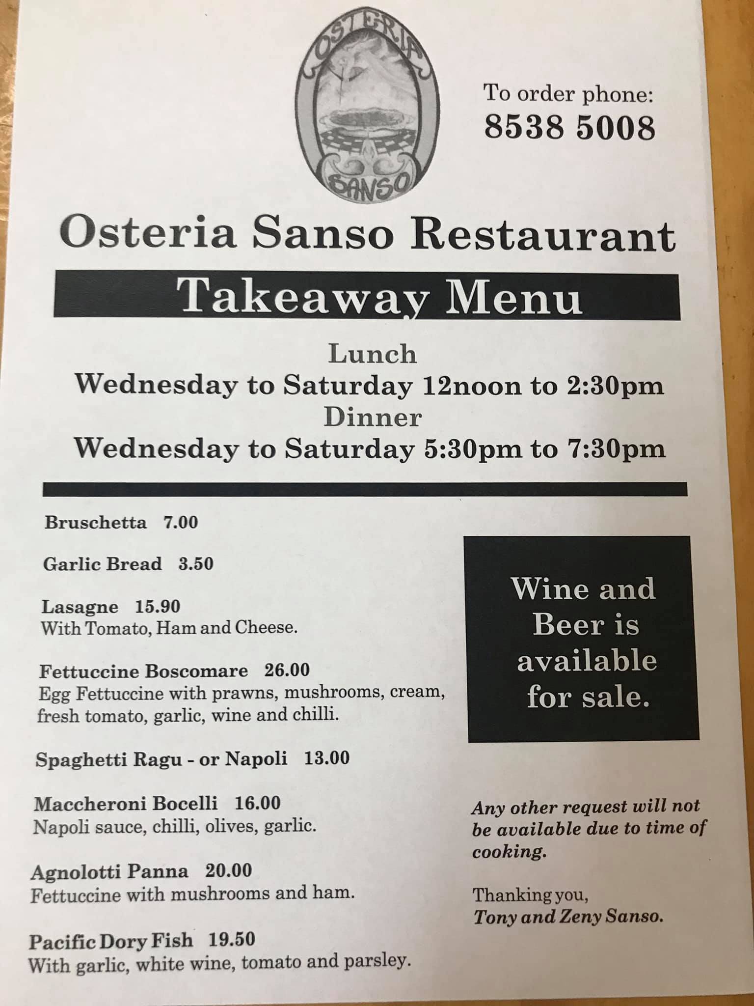 Menu at Osteria Sanso Restaurant and Bed & Breakfast, Kanmantoo