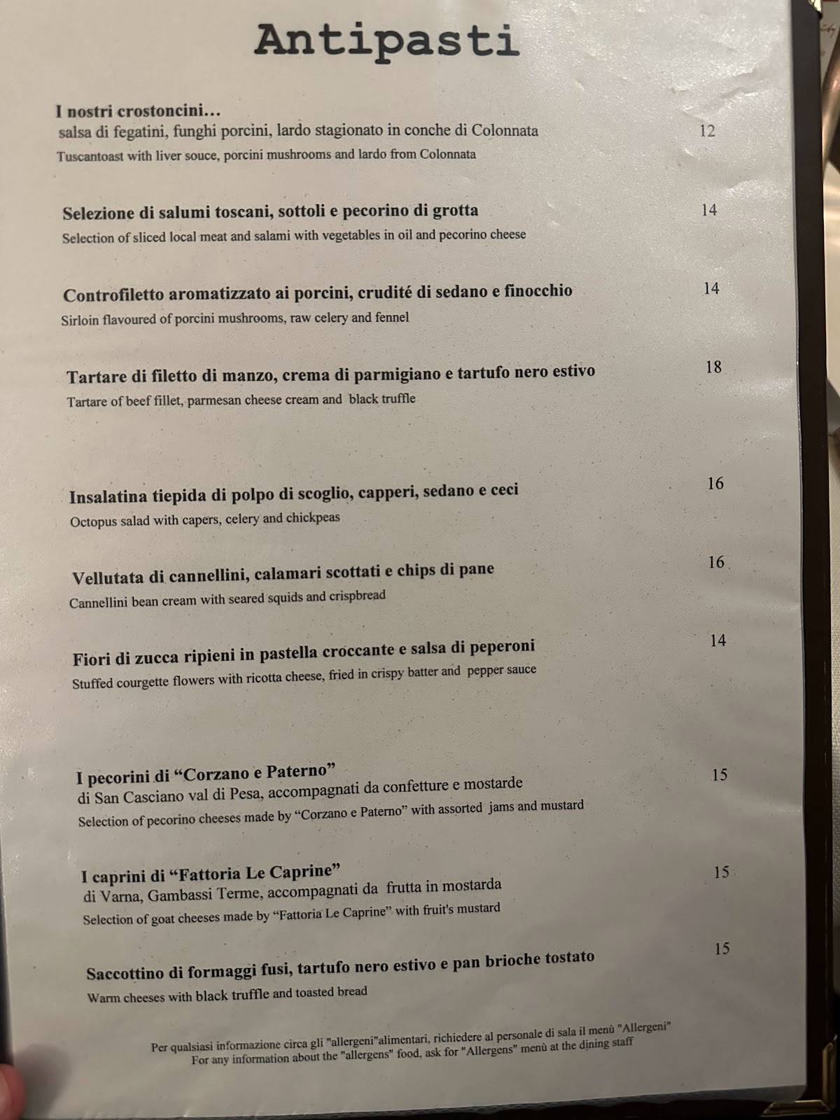 Menu at Osteria del Sole restaurant, Capannoli