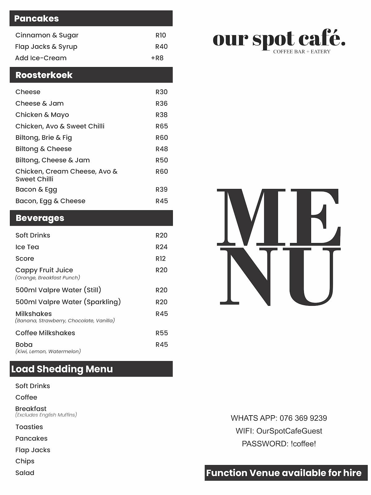 Menu at Our Spot Cafe, Cape Town