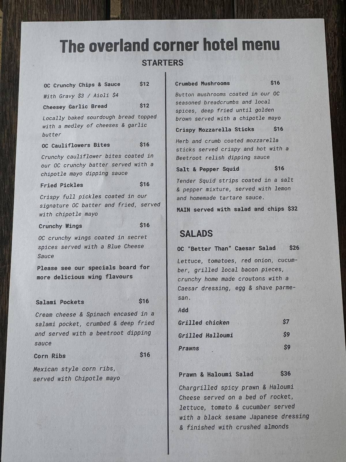 Menu at Overland Corner Hotel pub & bar, Overland Corner