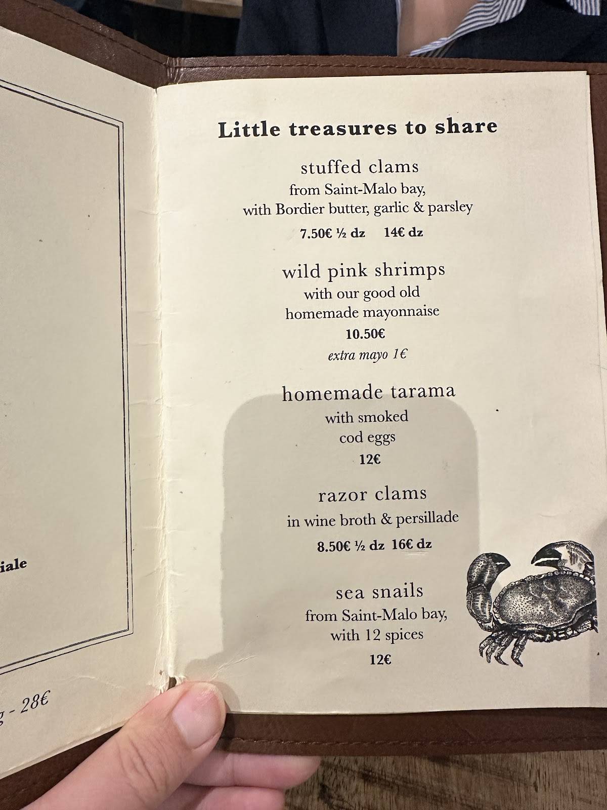 Menu at Oyster Club, Paris, 15 Rue de Jouy