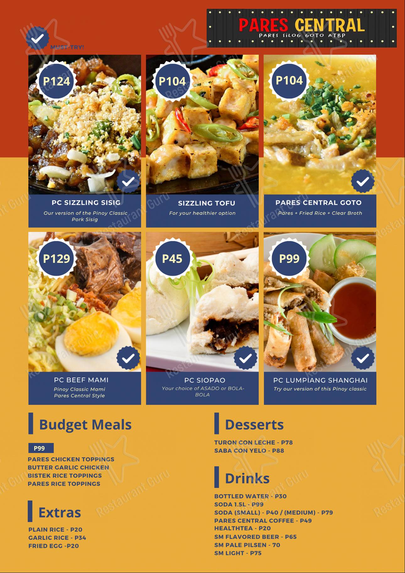 Menu at PARES CENTRAL restaurant, Marikina