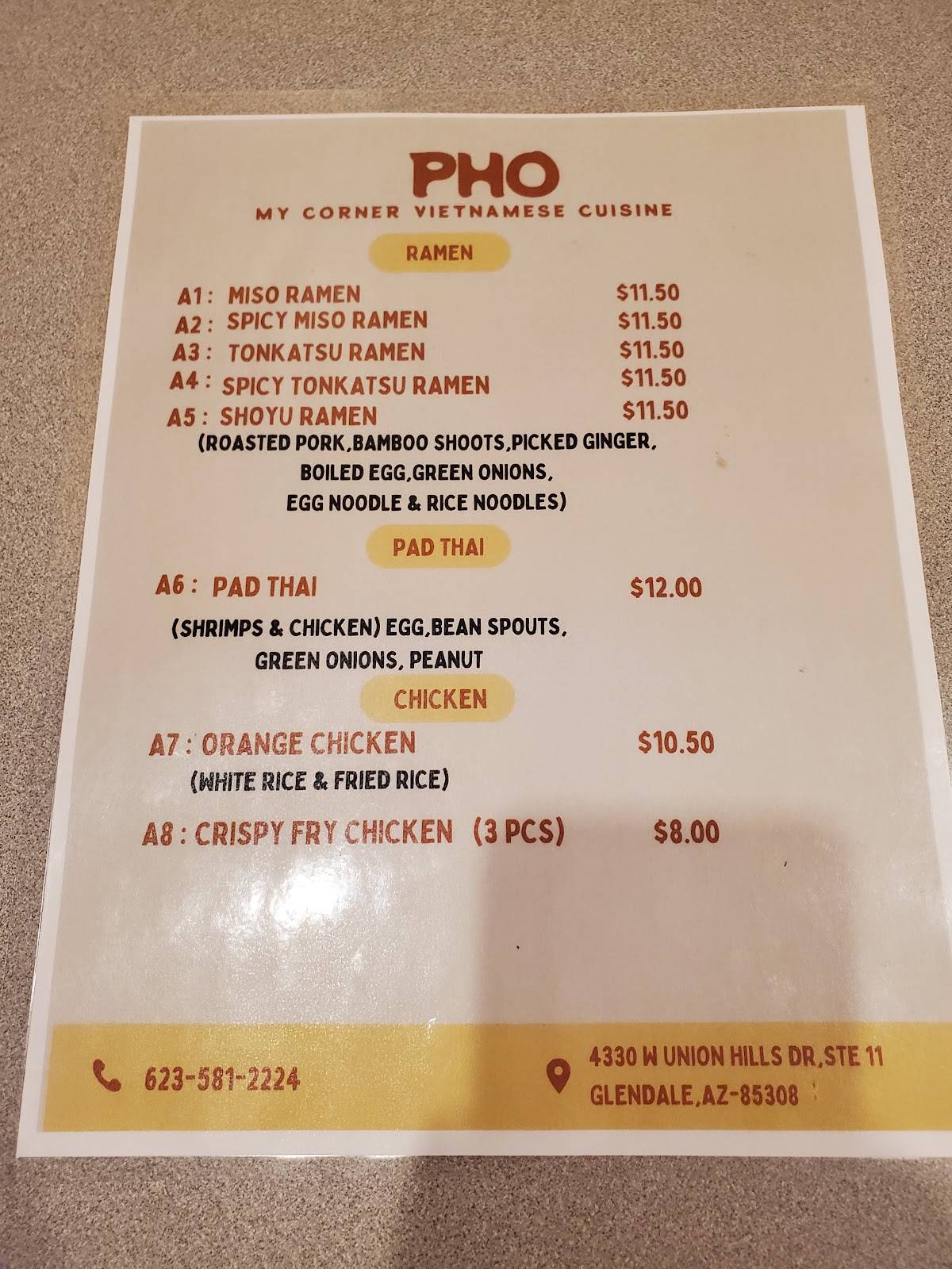 Menu at PHO My Corner VietNamese Cuisine restaurant, Glendale