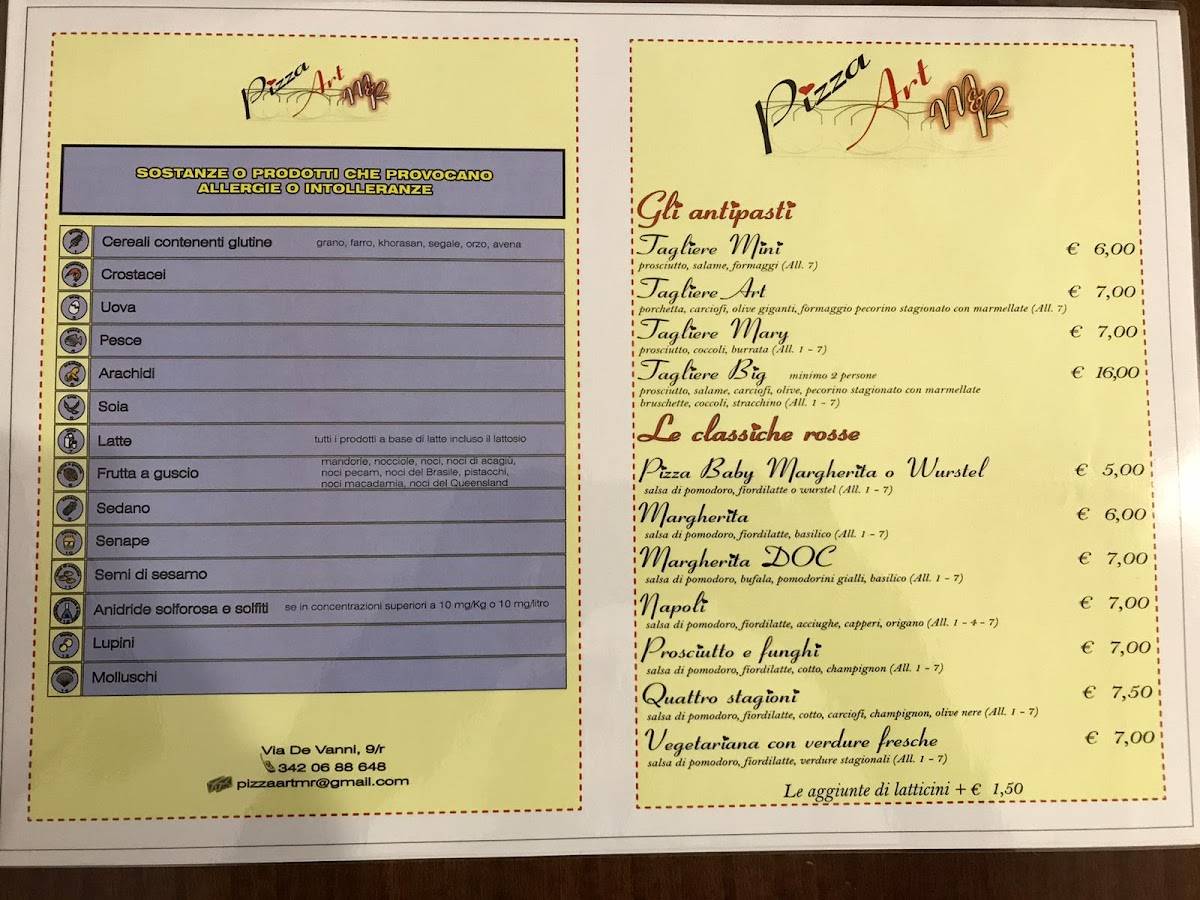 Menu at PIZZA ART M&R pizzeria, Florence