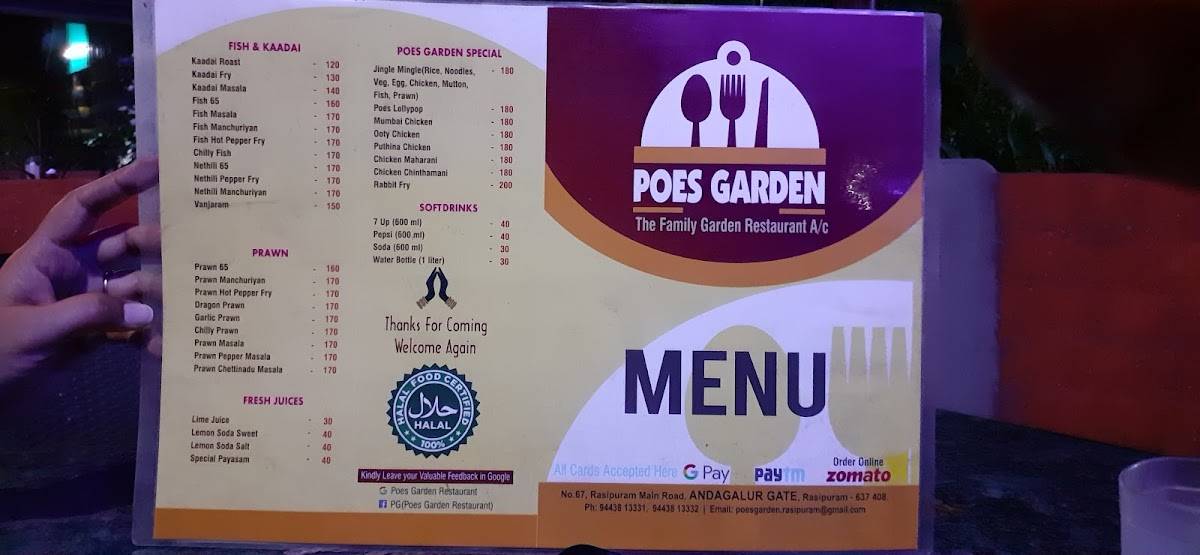 Menu at POES GARDEN - The Family Garden Restaurant, Rasipuram, Bus Stand