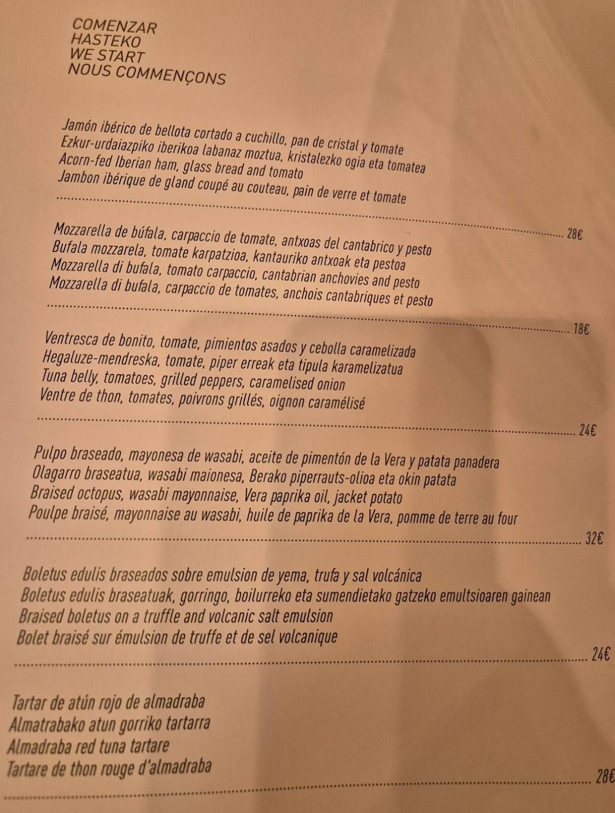 Carta del restaurante PROA Jatetxea, Baquio