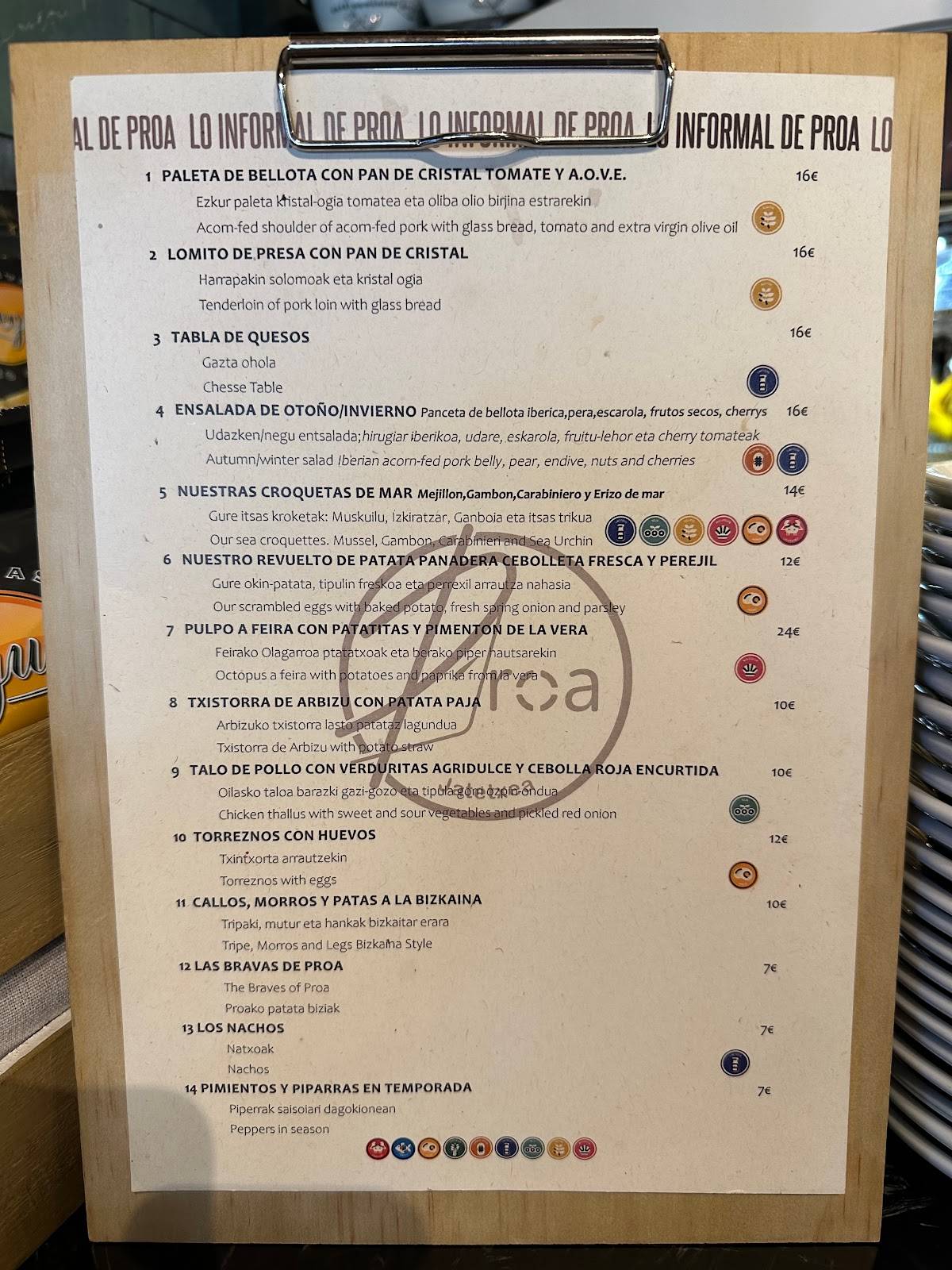 Carta del restaurante PROA Jatetxea, Baquio