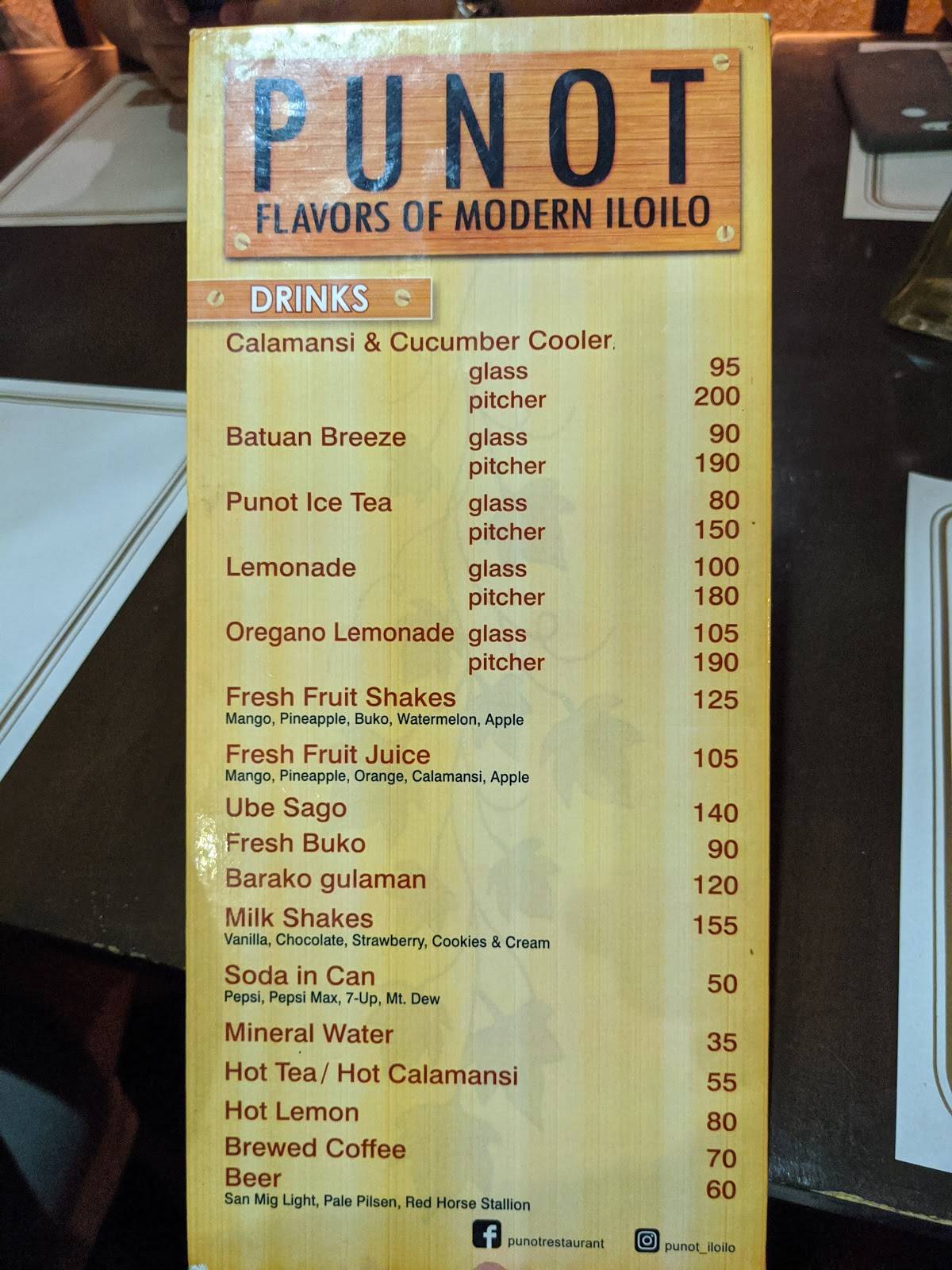 Menu at PUNOT restaurant, Iloilo City