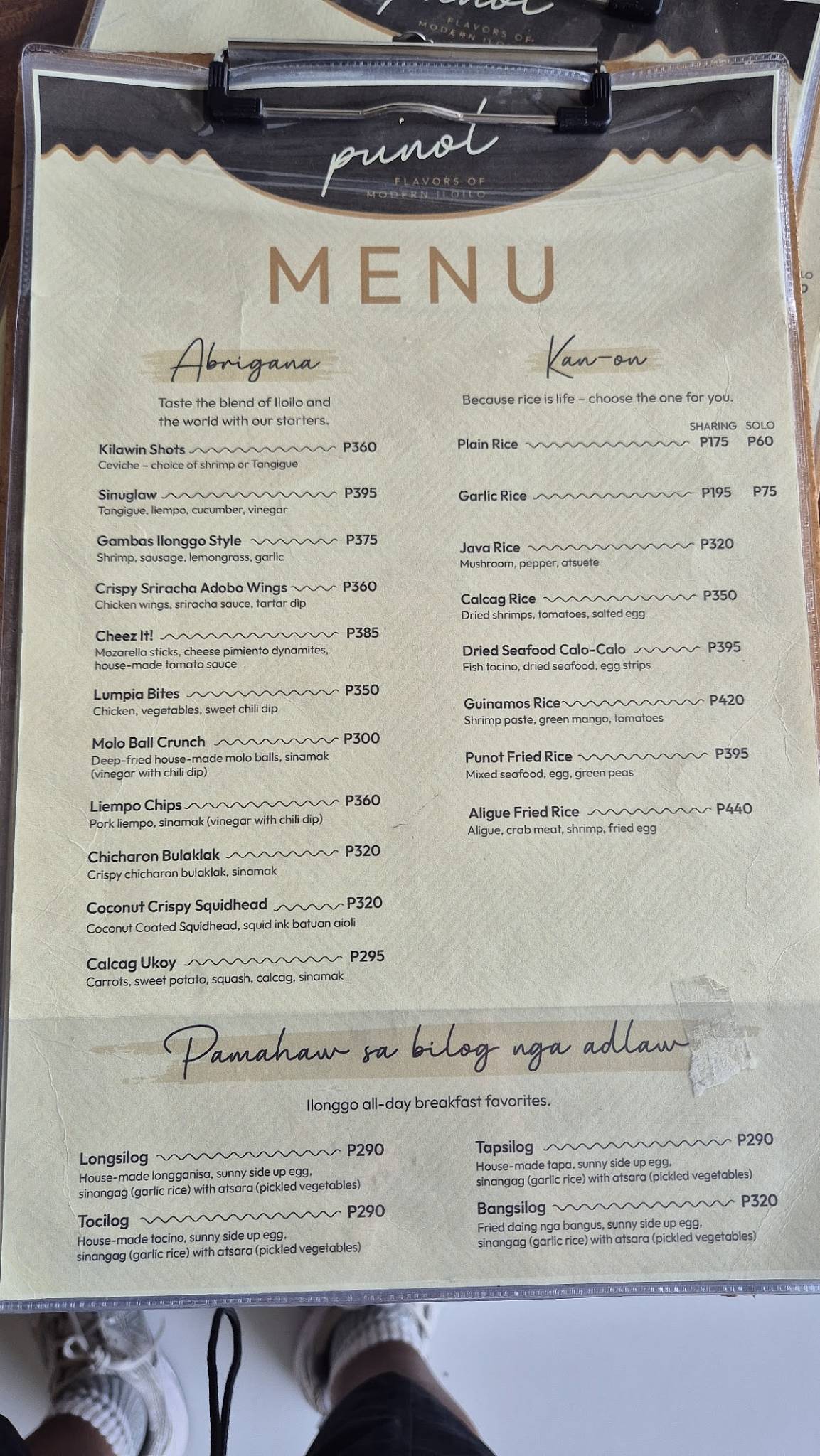 Menu at PUNOT restaurant, Iloilo City