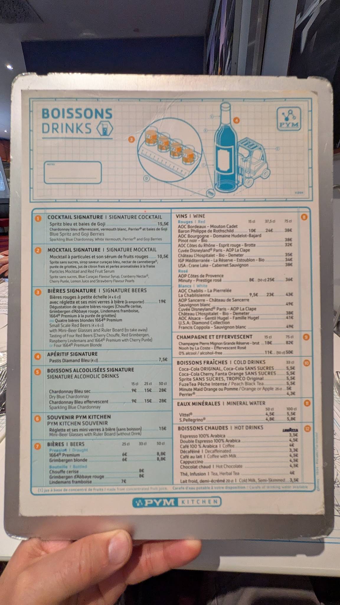 Menu au PYM Kitchen restaurant, Chessy