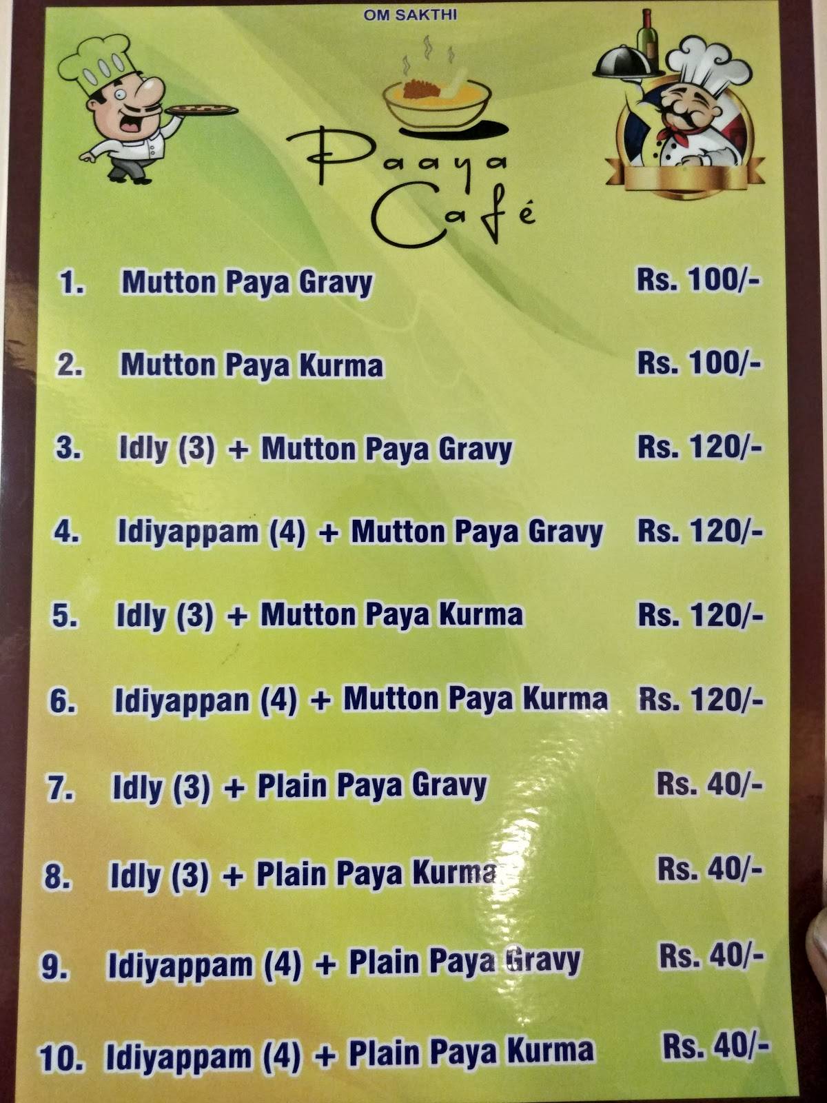 Menu at Paaya Café, Chennai